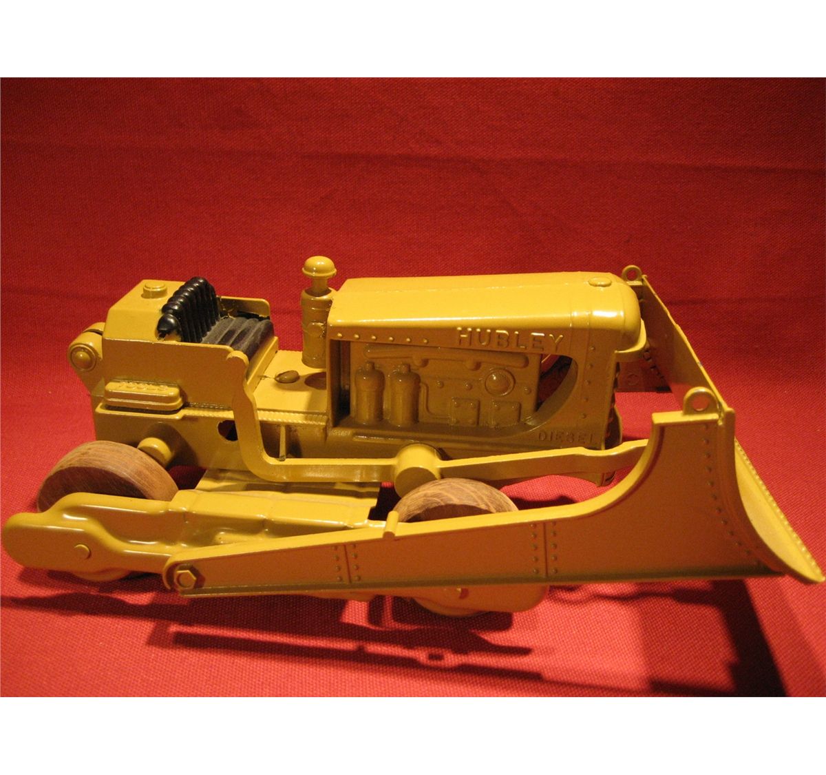 VINTAGE HUBLEY DIECAST DIESEL YELLOW BULLDOZER WITH WOODEN WHEELS