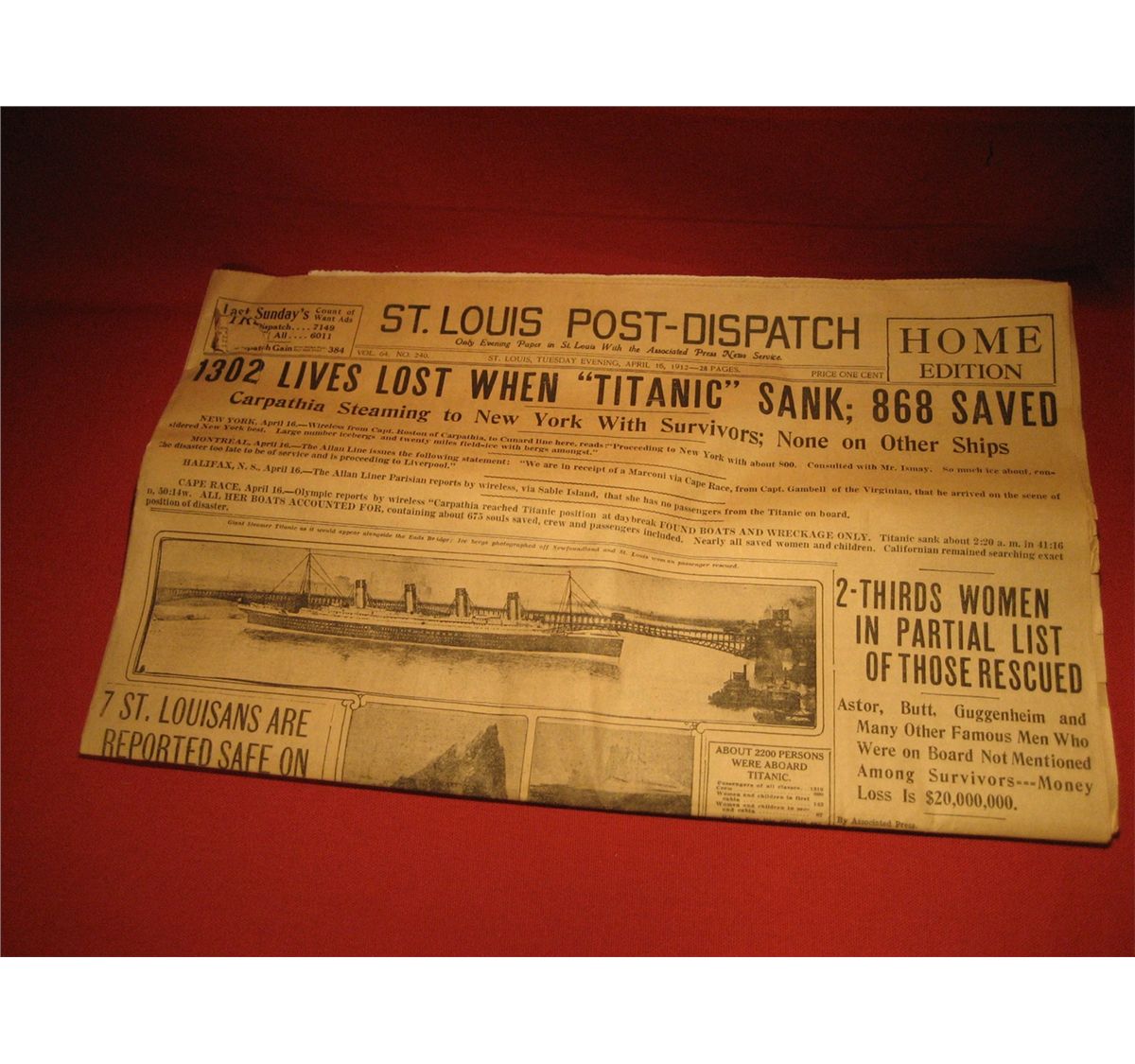 "TITANIC APRIL 16, 1912 ST. LOUIS POST DISPATCH, ORIGINAL NEWSPAPER