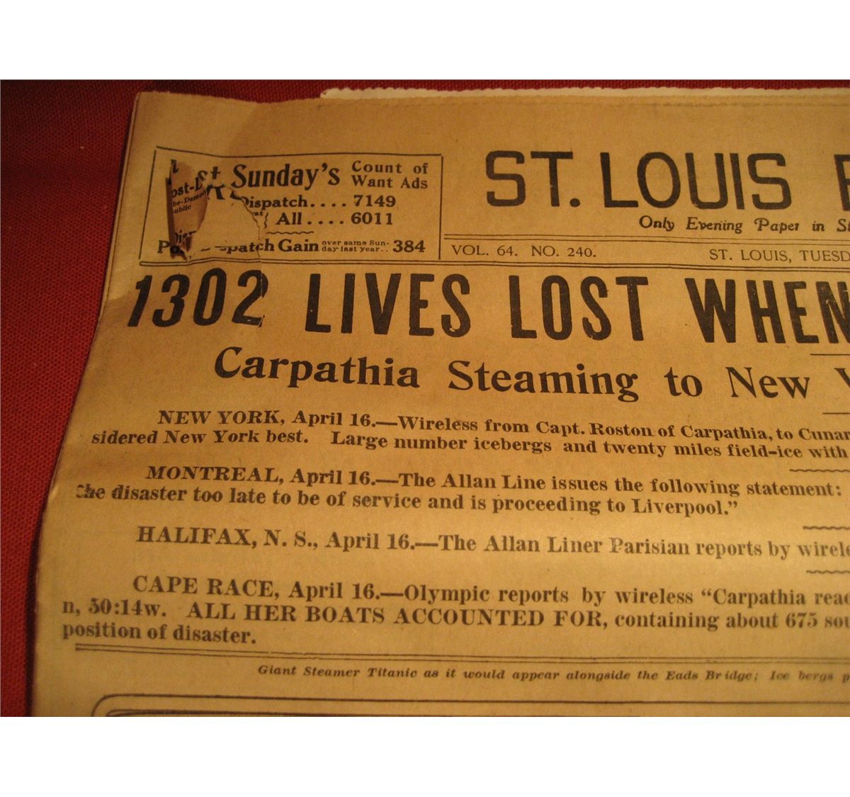 "TITANIC APRIL 16, 1912 ST. LOUIS POST DISPATCH, ORIGINAL NEWSPAPER
