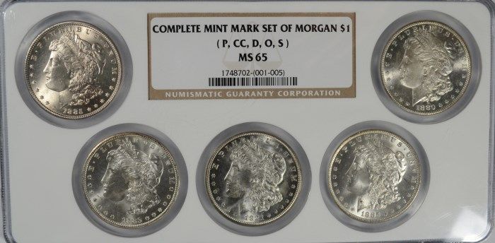 MORGAN DOLLAR MINT MARK SET, NGC MS-65, 1883-CC, 1921-D, 1885-P, 1885-O ...