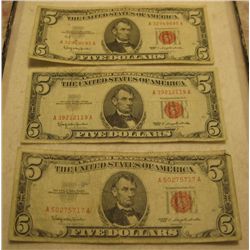 3 Red Seal Five Dollar Bills