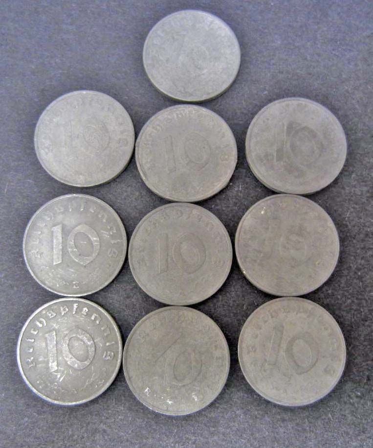 LOT OF 10 GERMAN NAZI COINS - 10 REICHSPFENNIG