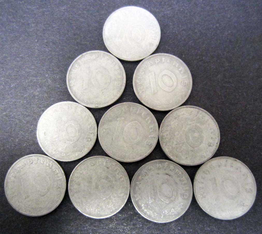 LOT OF 10 GERMAN NAZI COINS - 10 REICHSPFENNIG