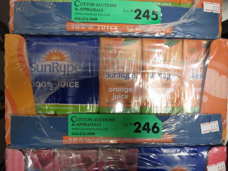 Case of SunRype orange juice tetra packs