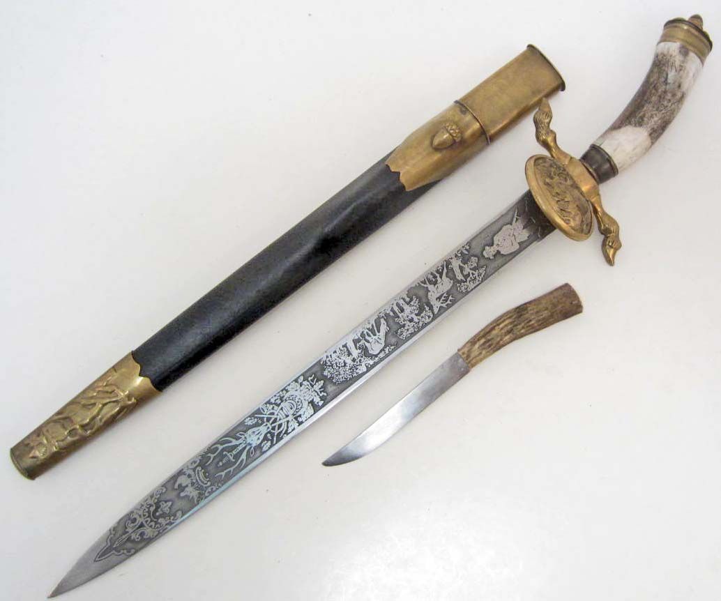 GERMAN HUNTING DAGGER W/ STAG HANDLE & SHEATH