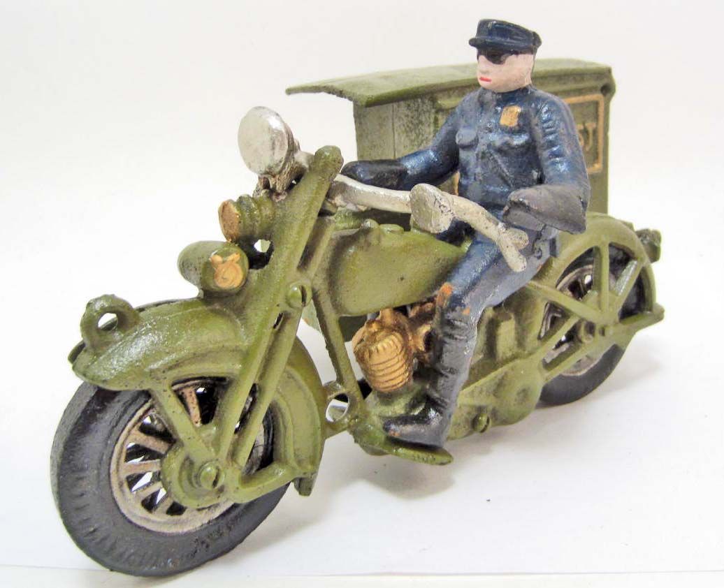 CAST IRON PARCEL POST WAGON W/ MOTORCYCLE & DRIVER