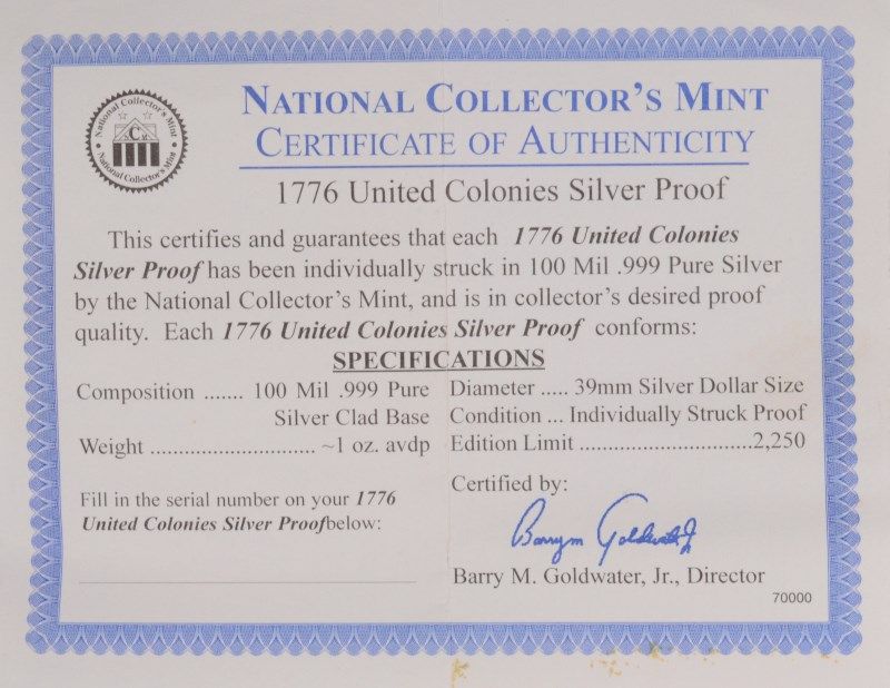 1776 United Colonies Silver Proof struck in 100 Mil. .999 Silver / CLAD ...