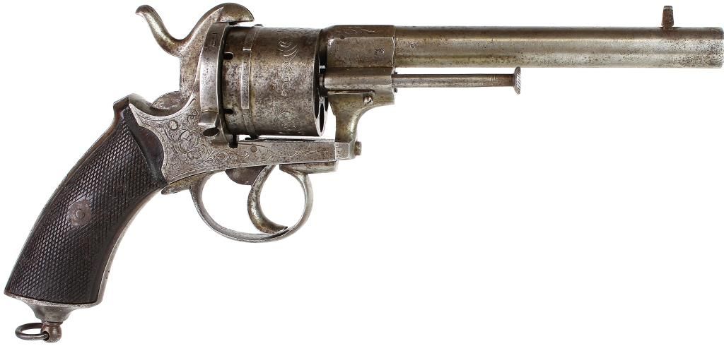 Antique pin fire revolver 6" barrel, engraved