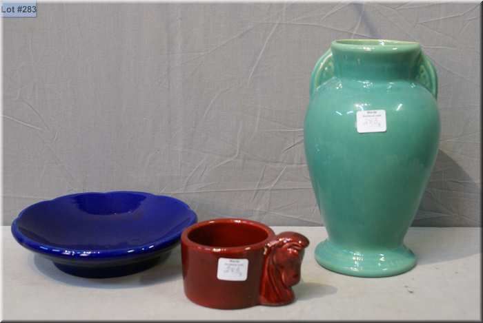 Selection of Medalta pottery including green vase, cobalt bowl and red ...