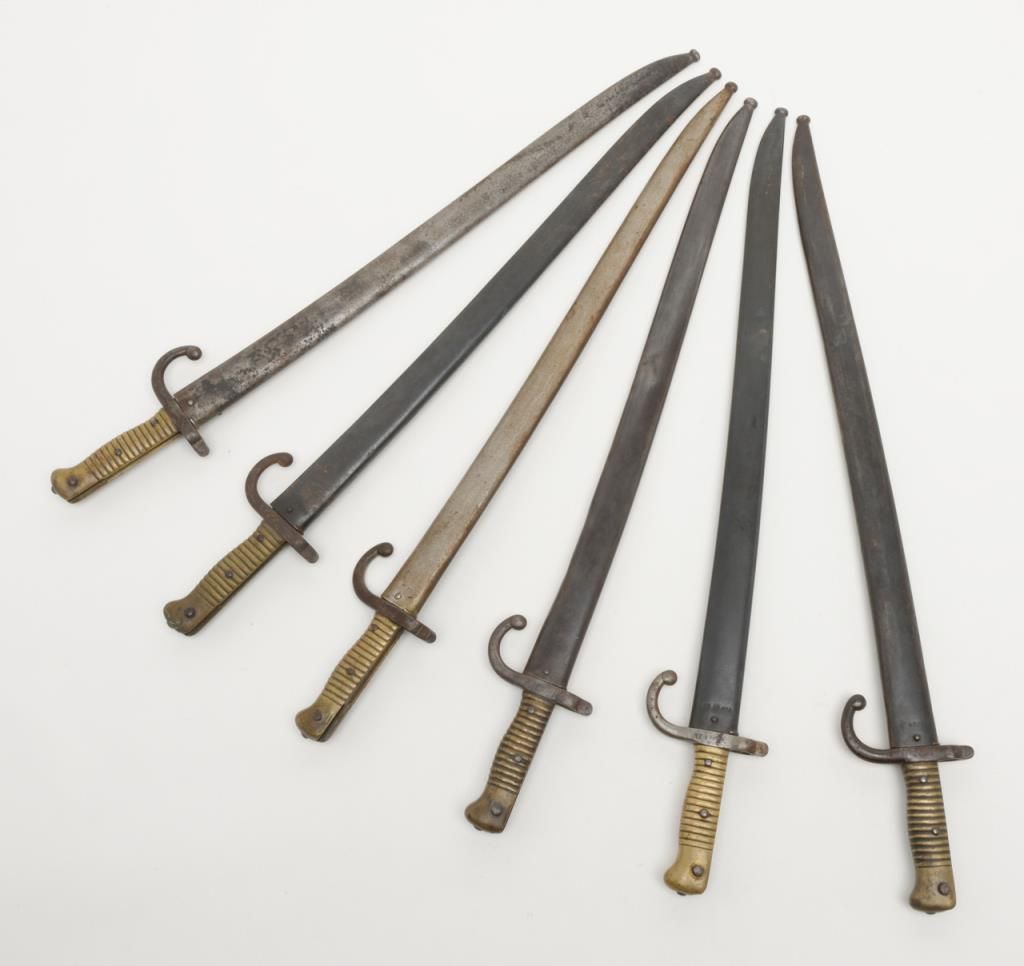 Lot of 6 brass gripped curved blade long bayonets with metal sheaths in ...