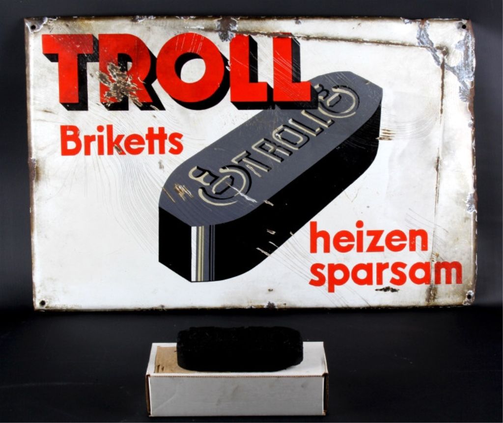Troll Coal Porcelain Sign and Coal Brick