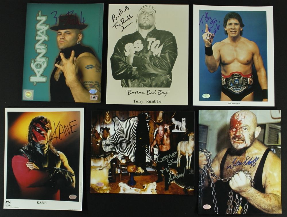 Lot of (6) WWF Signed 8x10 Photos with Tony Rumble, Tito Santana, Konan ...