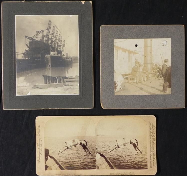 2 Antique Ship Photos & 1 Miss Ward Diver Stereoview