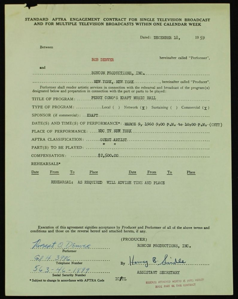 Bob Denver Signed "Perry Como's Kraft Music Hall" Document from 1959 ...