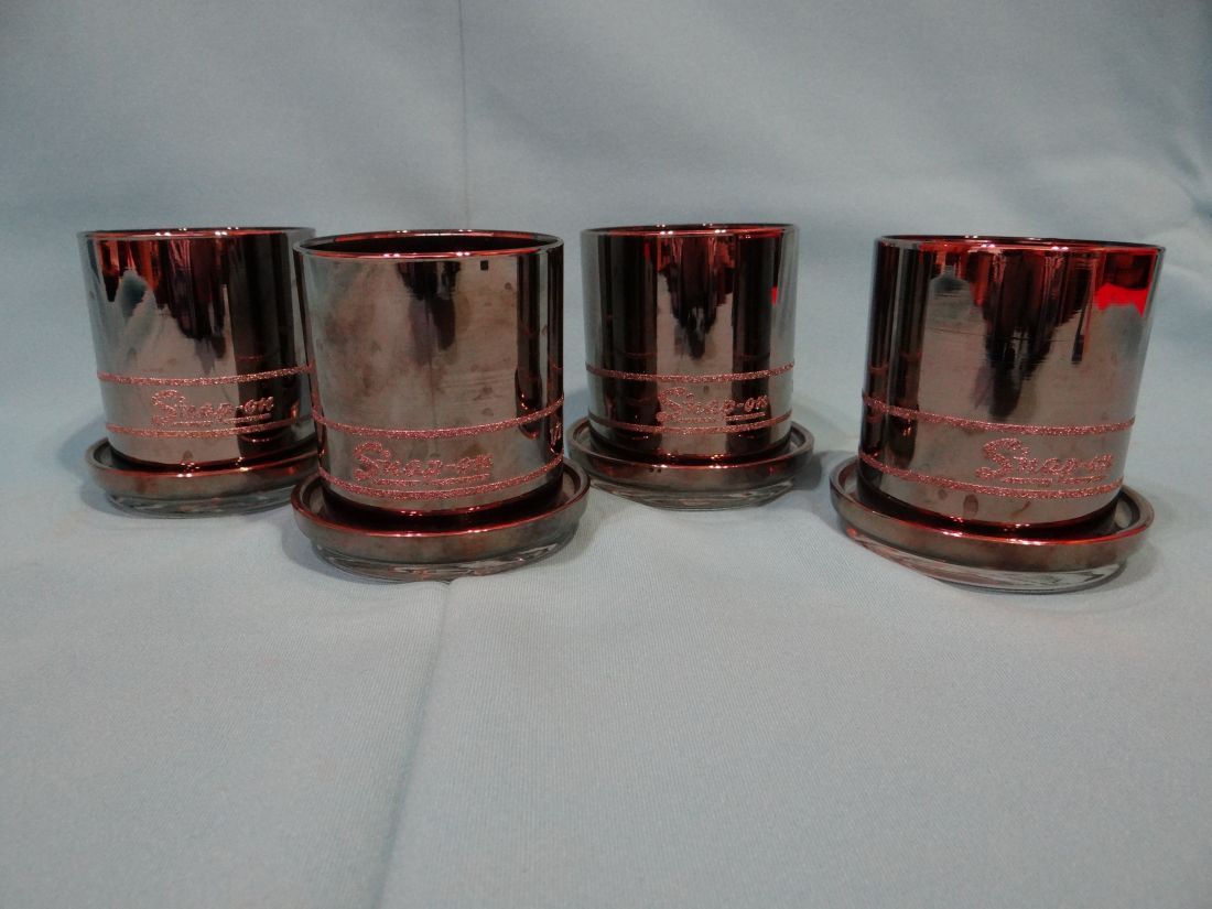 4- SNAP-ON cups, silver plated w/ coasters