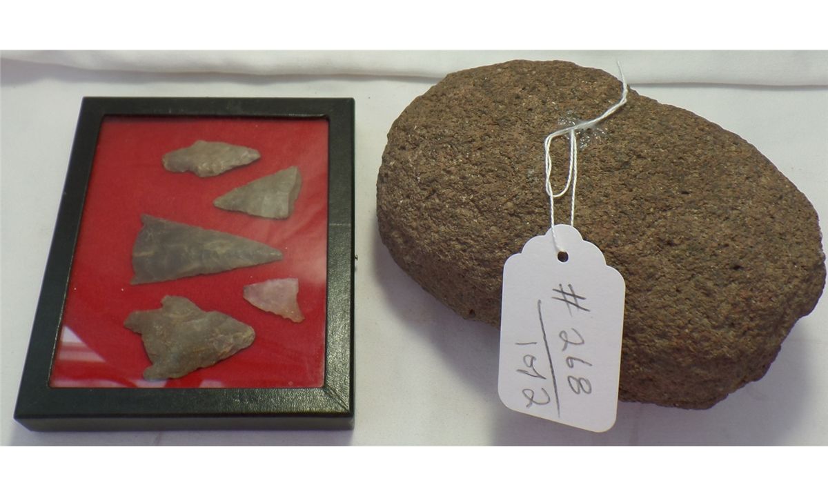 Large Arizona Stone Maul & Frame of 5 Flint Points