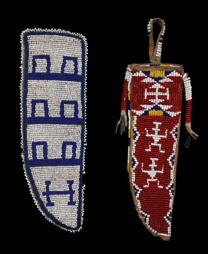 Two Beaded Knife Sheaths; Geometric Design 9" L. 3" W. Good Condition ...