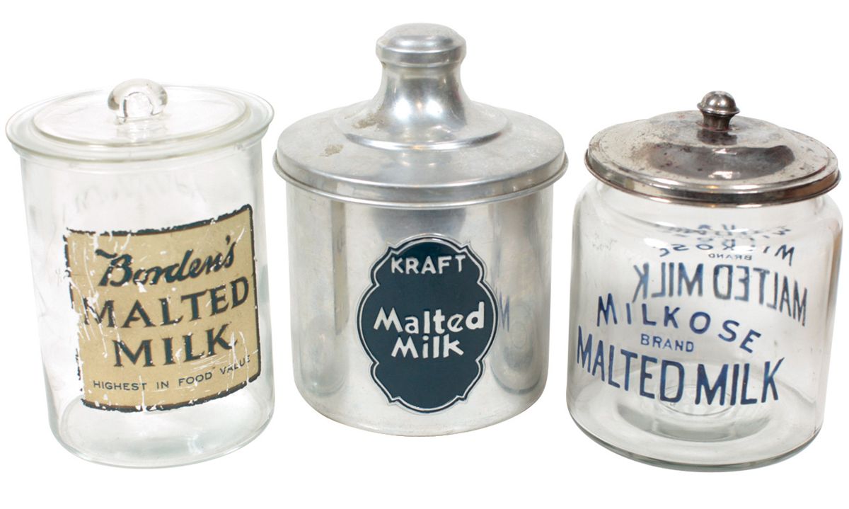 Soda fountain malted milk jars & canister (3), Borden's, emb metal w ...