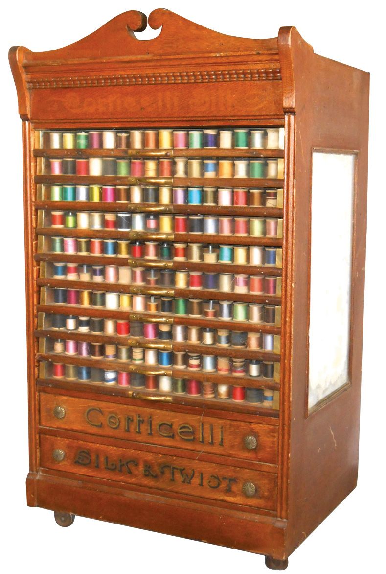 Spool cabinet, Corticelli Silk & Twist, oak/ash 12 drwr, glass & wood ...