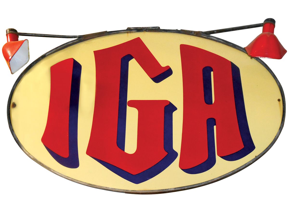 Country store sign, IGA 2-sided porcelain oval w/lights, colorful red ...