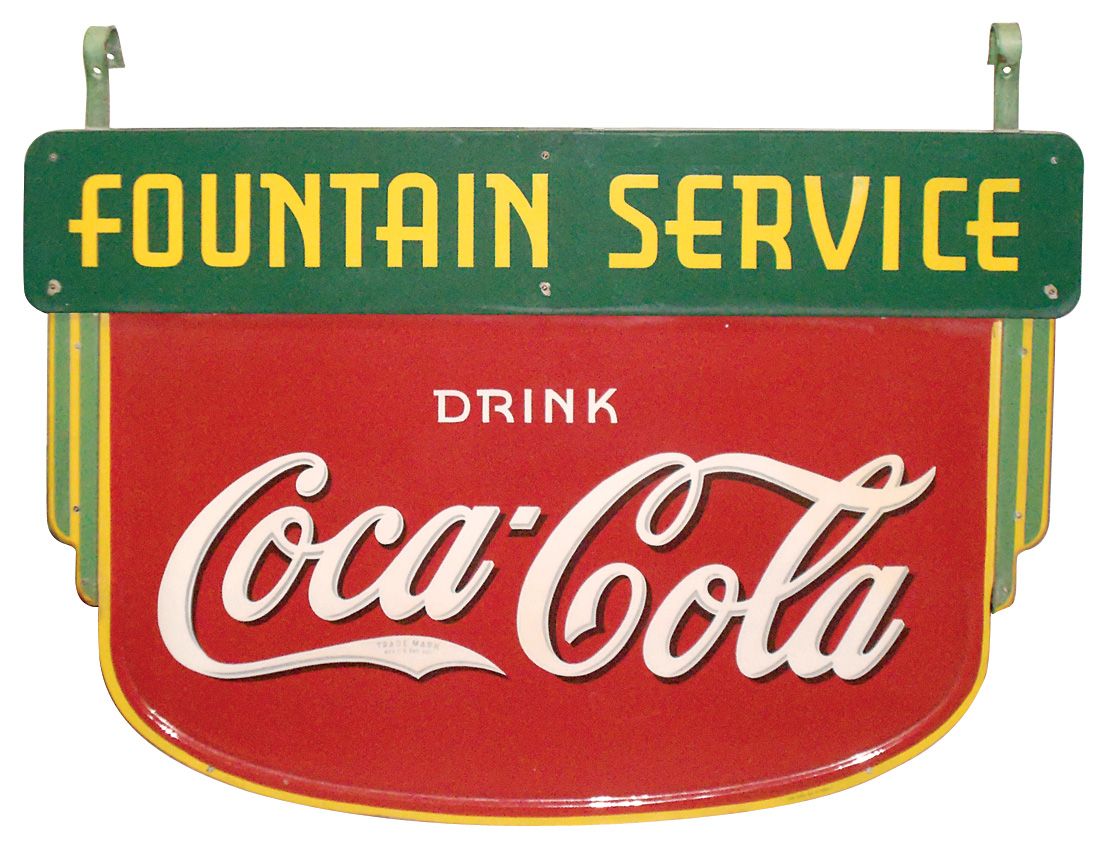 Coca-Cola sign, porcelain 2-sided "Fountain Service" hanging sign, c ...