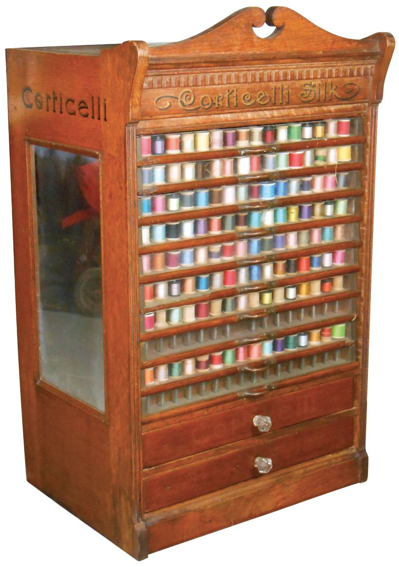 Spool cabinet, Corticelli Silk, oak 12-drwr w/glass & wood fronts ...