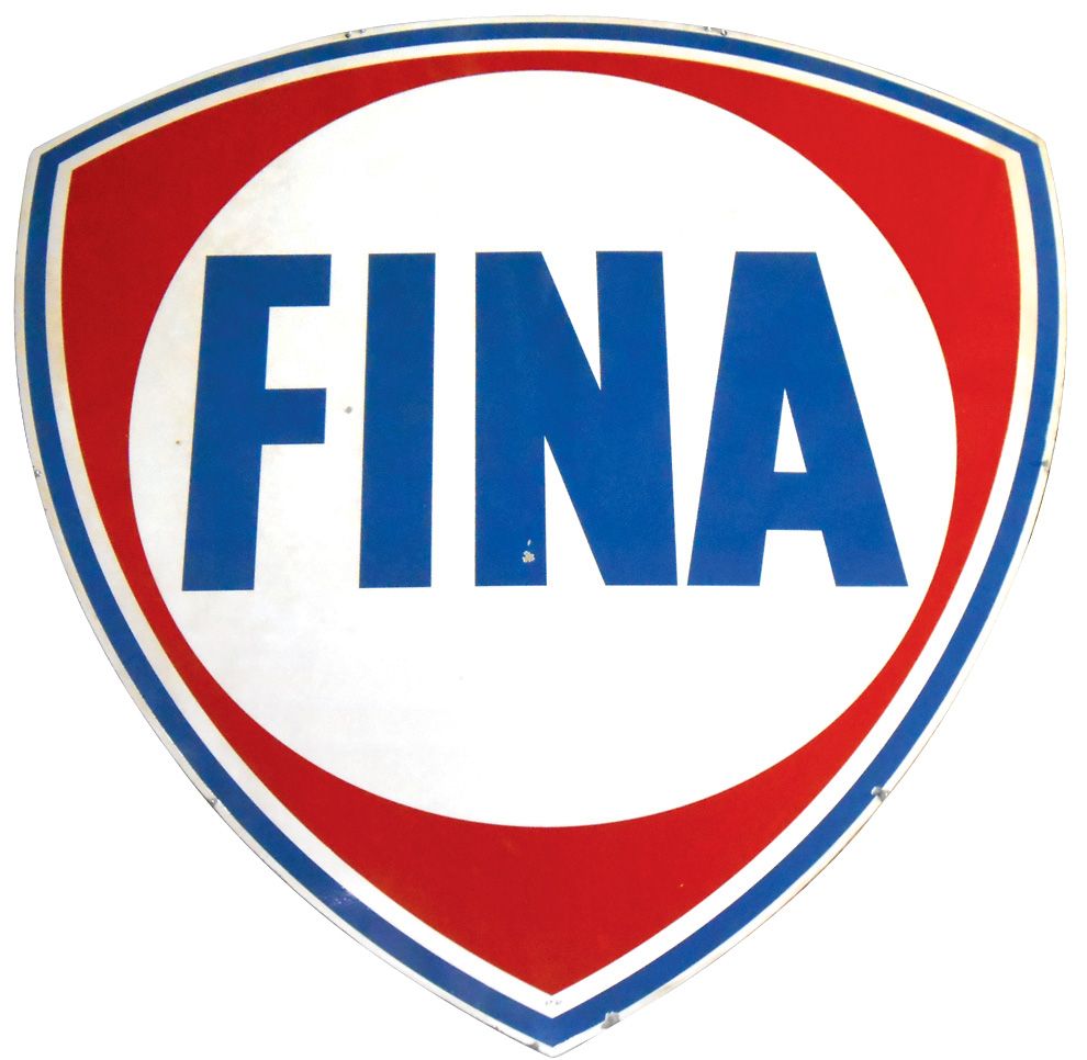 Petroliana, Fina Gasoline porcelain sign, two 1-sided signs bolted ...