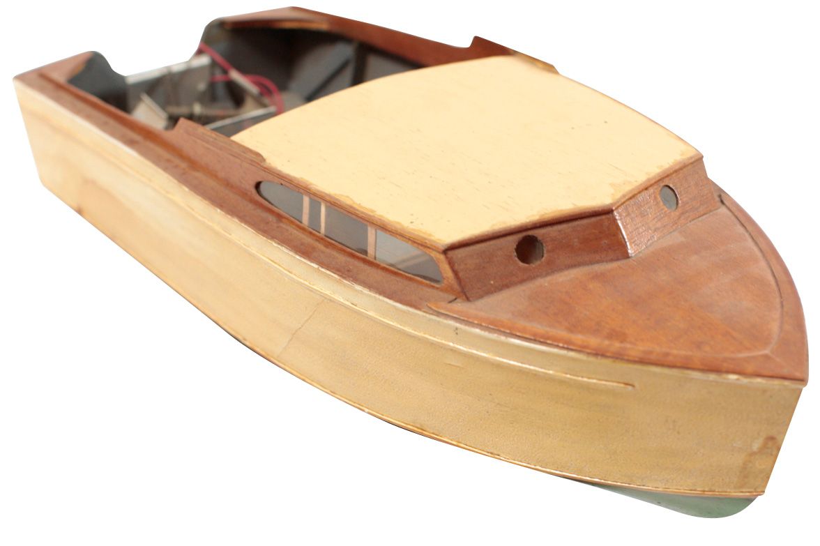 Toy boat, motors & oars (6), handmade balsa wood boat, 3 metal Japanese ...