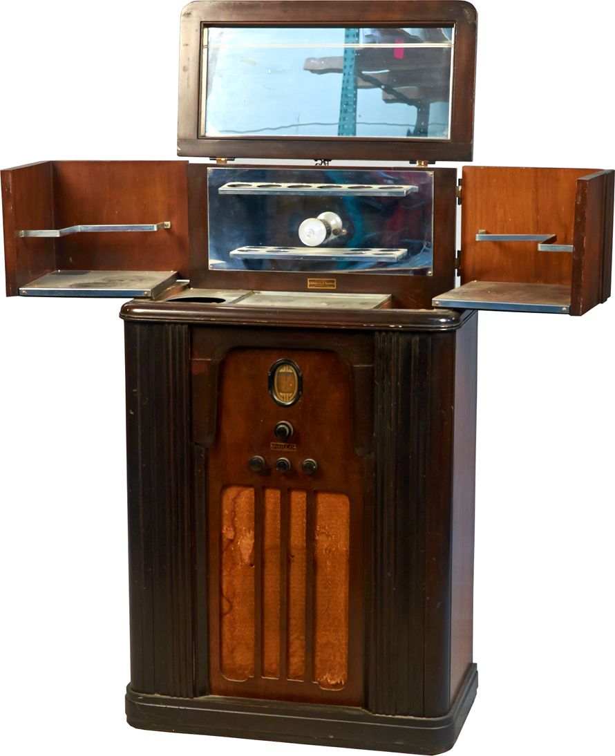 Philco Art Deco Wood Floor Console 4-Dial Bar Radio