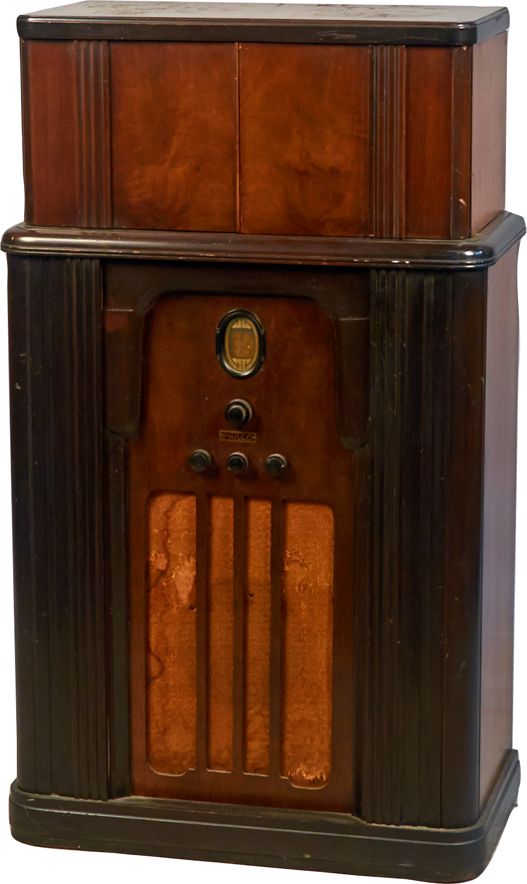Philco Art Deco Wood Floor Console 4-Dial Bar Radio