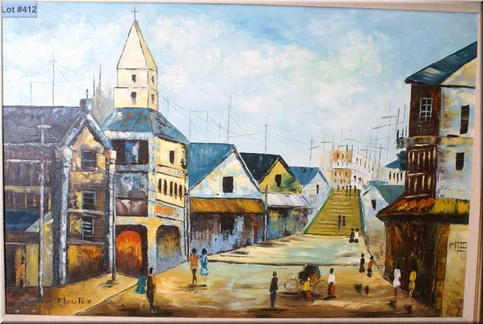 Framed acrylic on canvas painting of a Spanish street scene signed by ...