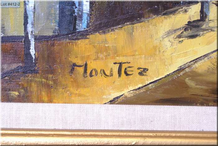 Framed acrylic on canvas painting of a Spanish street scene signed by ...