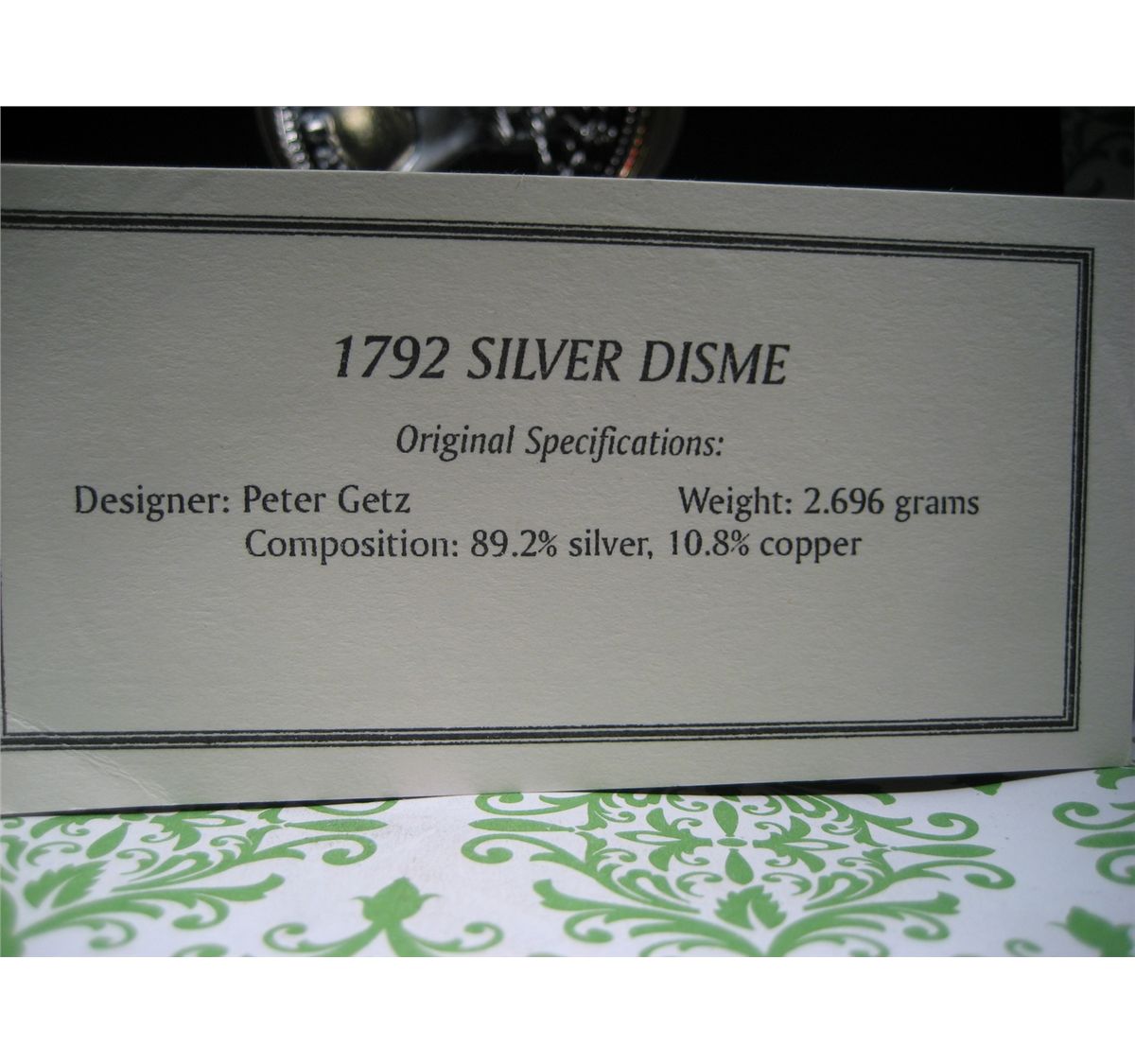 1792 Silver Disme from Historic Replica Coins of America 2'' ROUND 89.2 ...