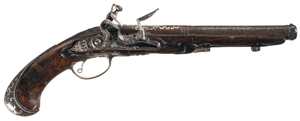 Ornate Silver and Gold Inlaid Flintlock Pistol
