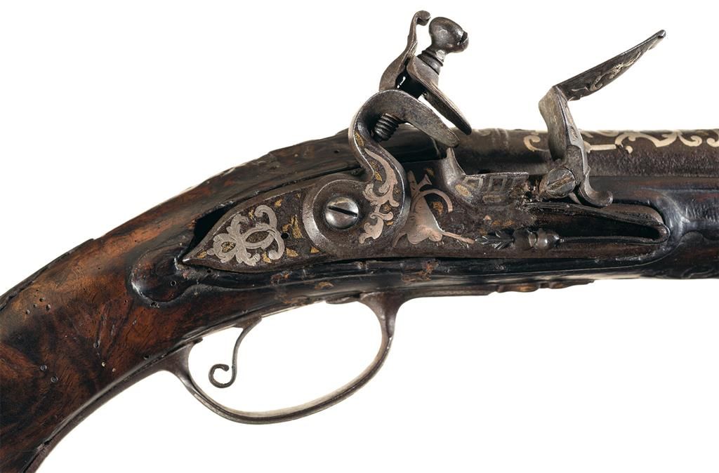 Ornate Silver and Gold Inlaid Flintlock Pistol