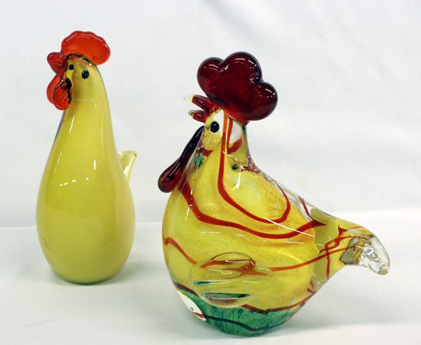 Pair Hand Blown Glass Chickens