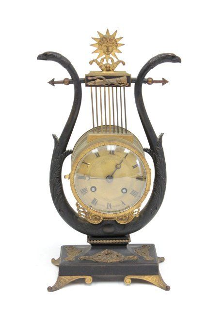 Empire style patinated bronze lyre clock