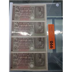 4 x Nazi German WWII Reichsmark bills.