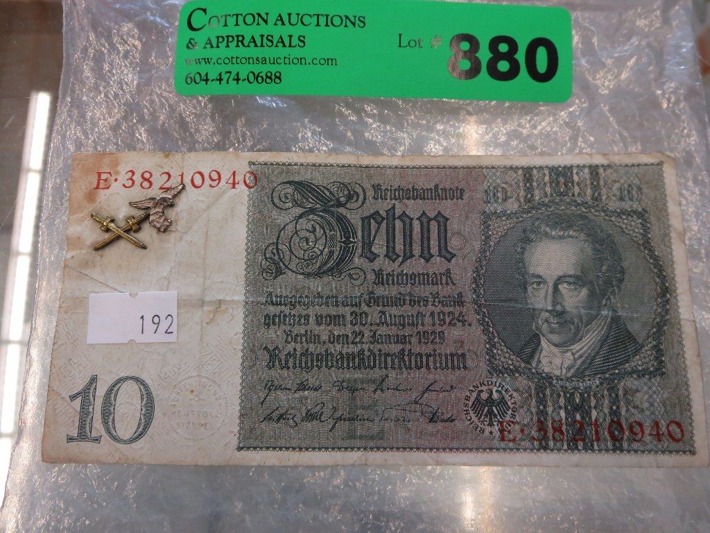 3rd Reich Insignia attached to 10 Reichmark bill