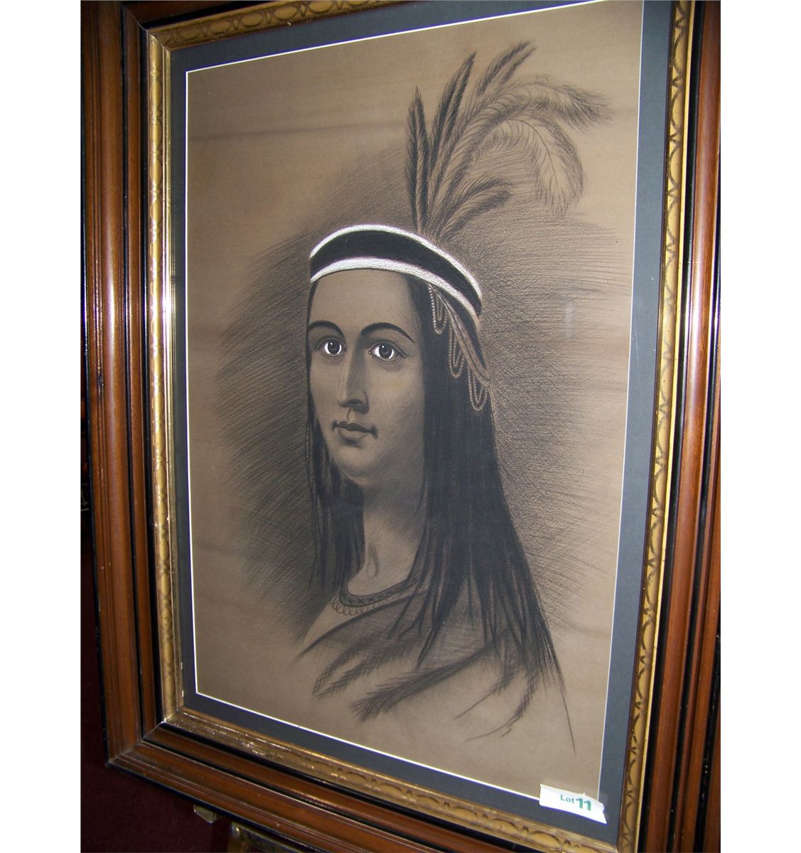 ANTIQUE CHARCOAL DRAWING " PORTRAIT OF AN NATIVE AMERICAN PRINCESS"