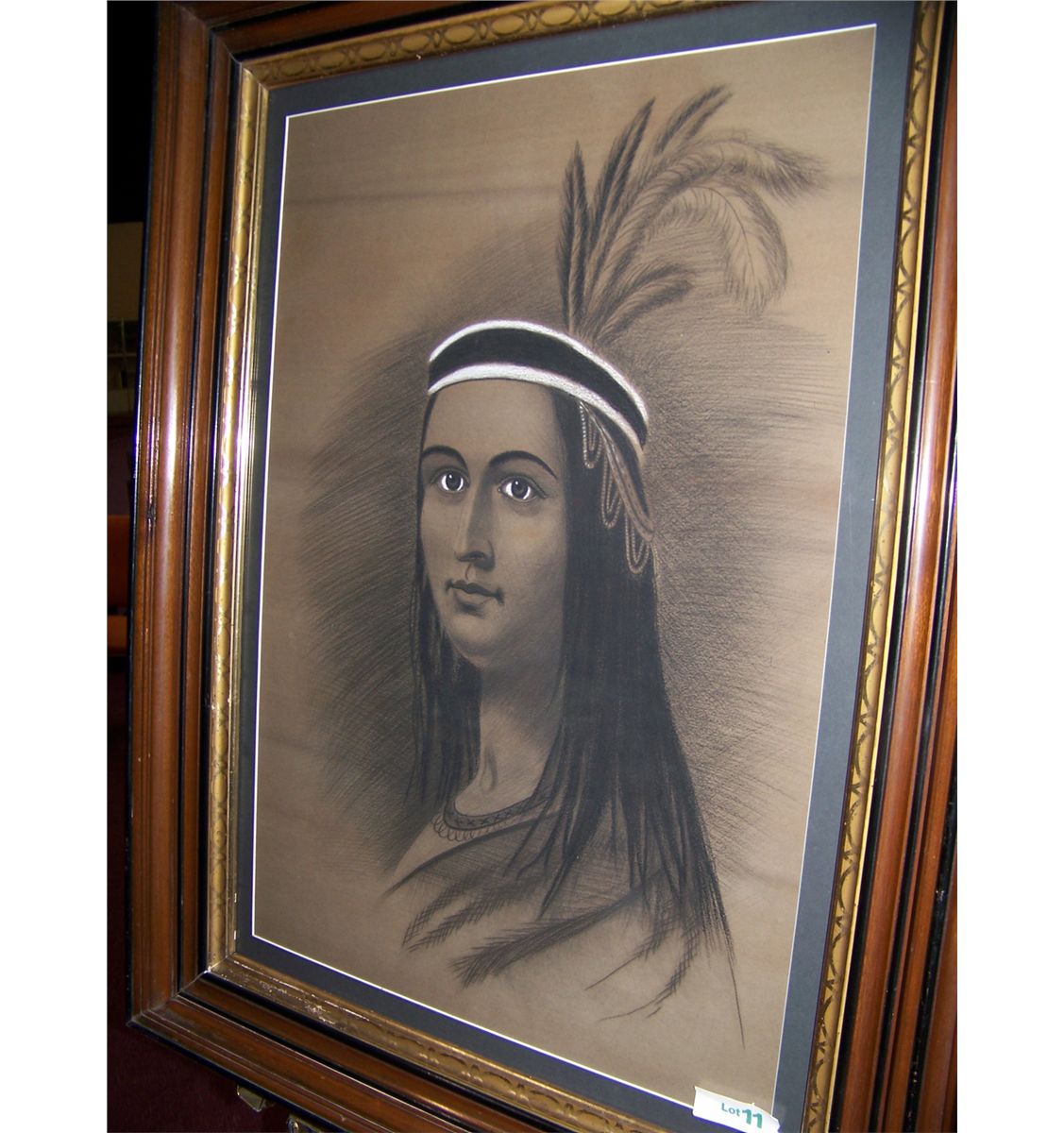 ANTIQUE CHARCOAL DRAWING " PORTRAIT OF AN NATIVE AMERICAN PRINCESS"