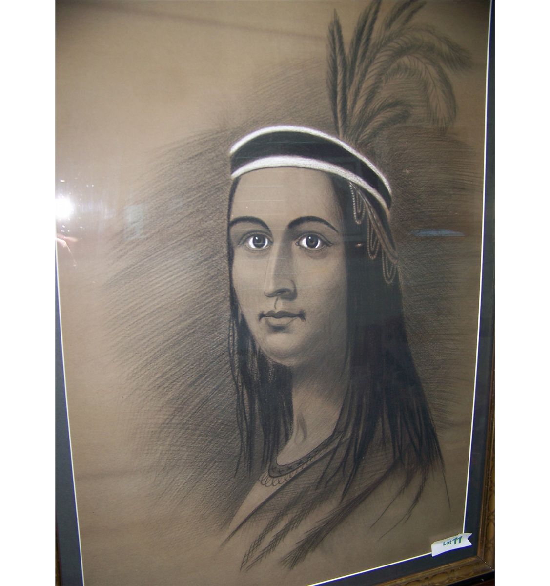 ANTIQUE CHARCOAL DRAWING " PORTRAIT OF AN NATIVE AMERICAN PRINCESS"