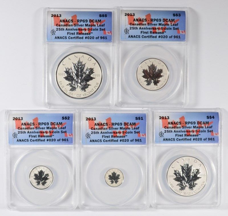 2013 CANADIAN SILVER MAPLE LEAF 25TH ANNIVERSARY 5 COIN SET ANACS FIRST ...