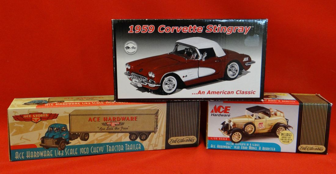 3- ACE model cars; ERTL 1950 Chevy Tractor Trailer, ERTL 1930 Ford ...