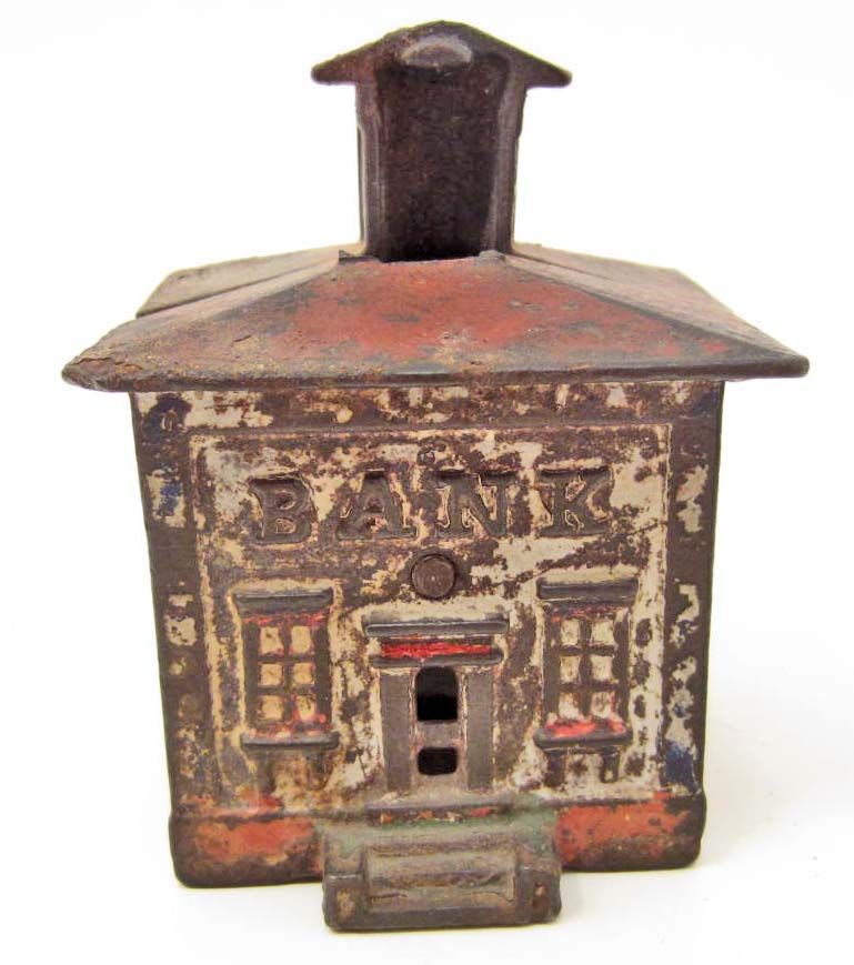 VINTAGE CAST IRON BUILDING COIN BANK - ORIGINAL PAINT