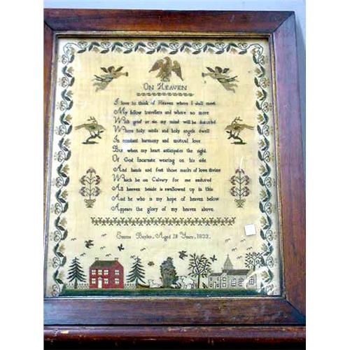 FINE PICTORIAL SAMPLER. Signed "Emma Bayles, Aged 10 Years, 1833 ...