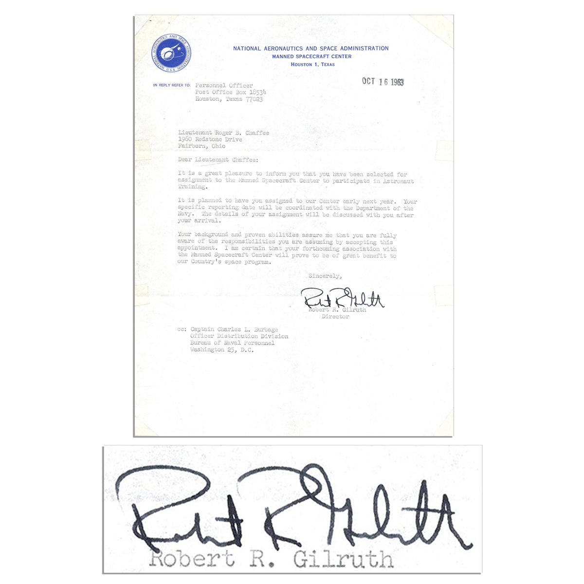 Roger Chaffee's 1963 Astronaut Acceptance Letter, Signed By NASA ...