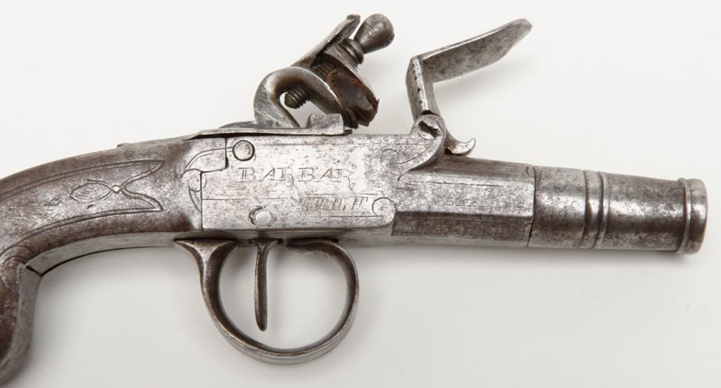 18th century all metal flintlock pocket pistol engraved “Barbar” and ...