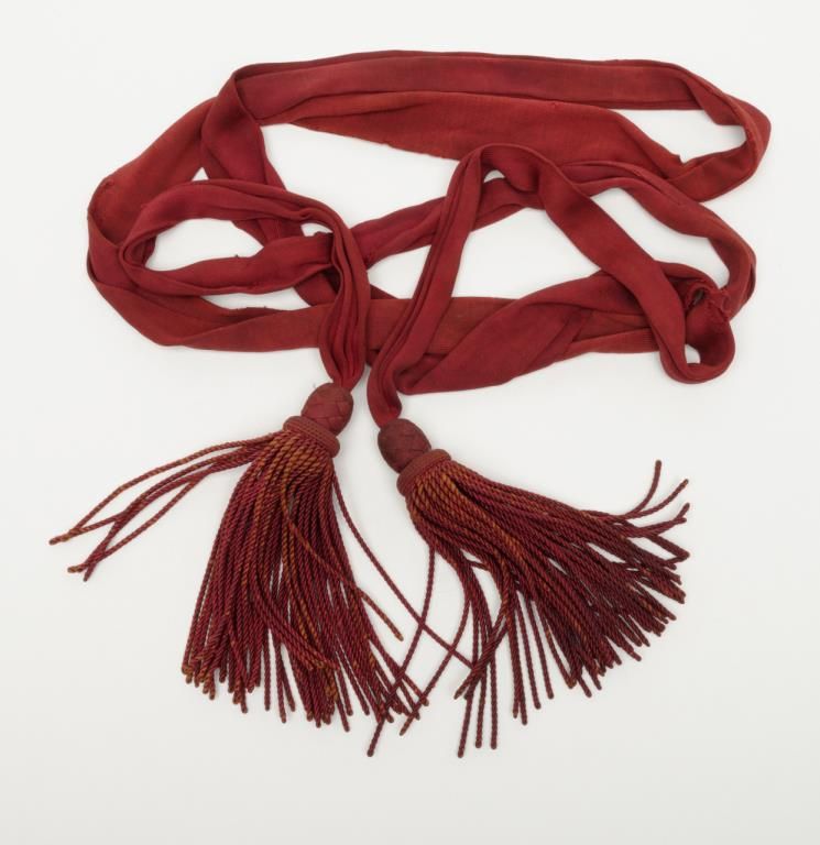 Civil War era maroon color dress sword sash and knots, over 12 feet in ...