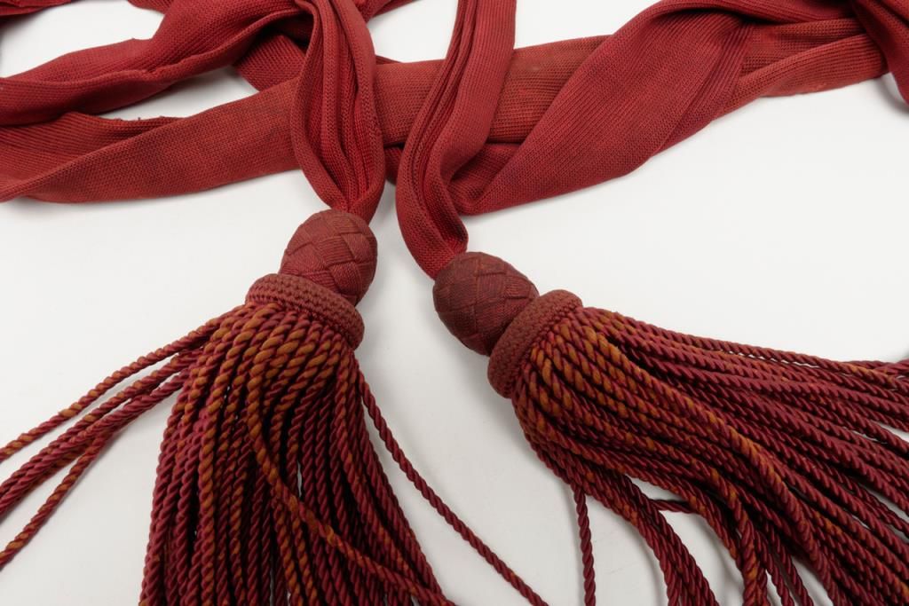 Civil War era maroon color dress sword sash and knots, over 12 feet in ...